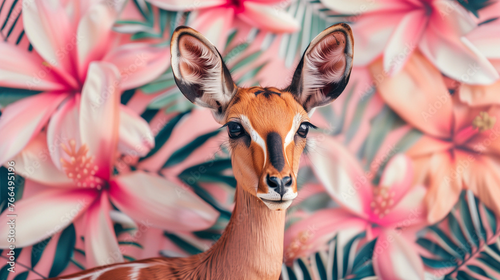 Beautiful antelope portrait in tropical flowers, leaves and plants ...