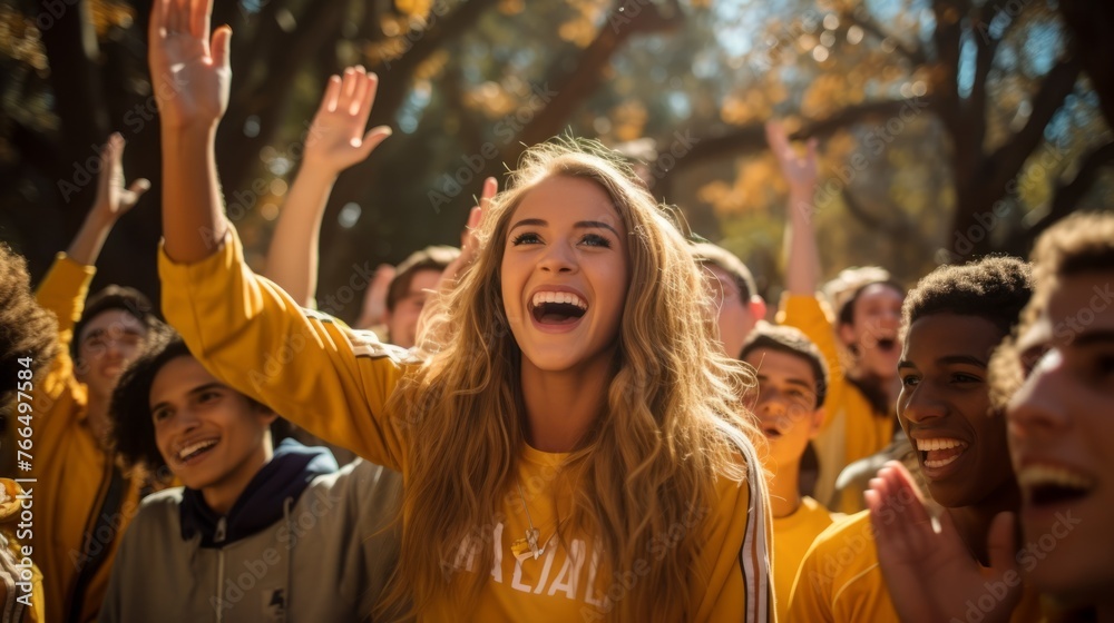 Cheerleading Crowd of High School Students at a Football Game Stock ...