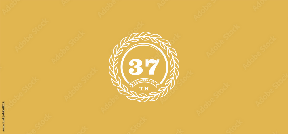 37st anniversary logo with ring and frame, white color and gold ...