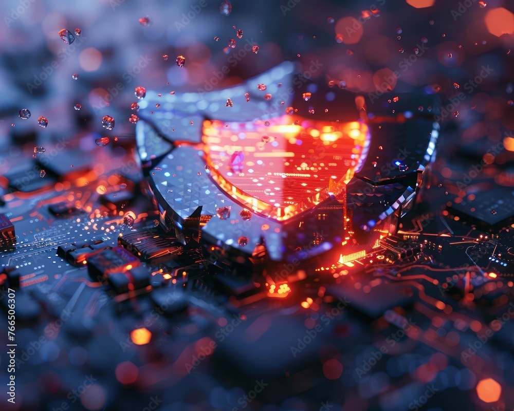 A cybersecurity interface with a shield icon breaking apart, signaling ...
