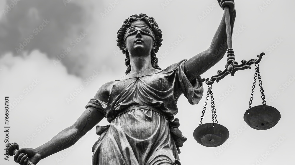 The iconic statue of Lady Justice, blindfolded, holding balanced scales ...