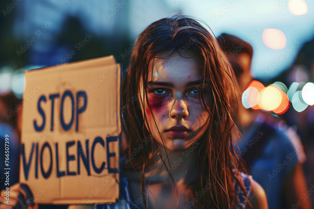 Portrait of beautiful young woman holding banner stop violence, abuse ...