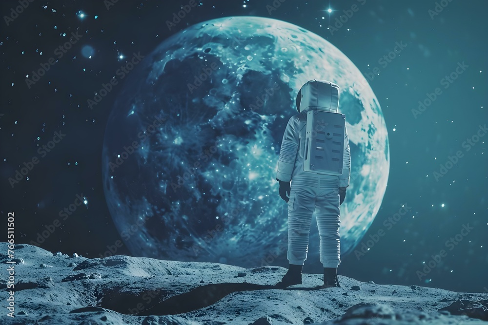 Astronaut on the moon marvels at Earth, symbolizing human triumph in ...