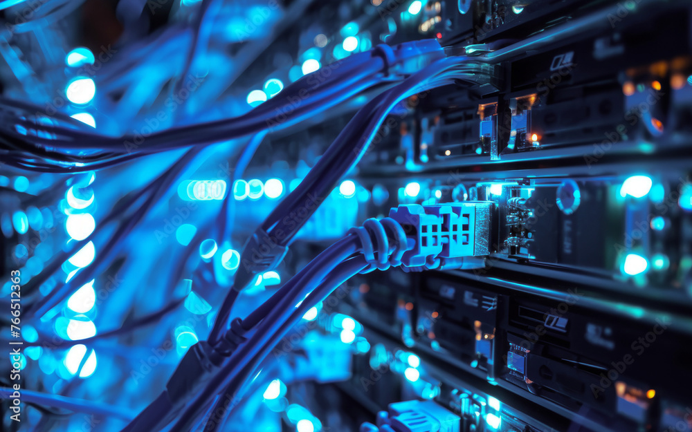 Computer network with lots of cables and wires. Cables and wires are ...