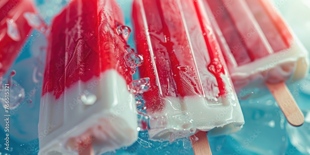 A group of ice pops with red and white colors are floating in a blue ...