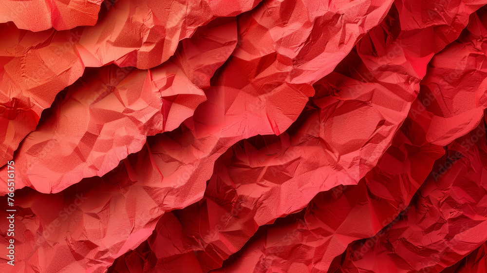 Bold red crumpled paper texture creating angular shapes and shadows ...