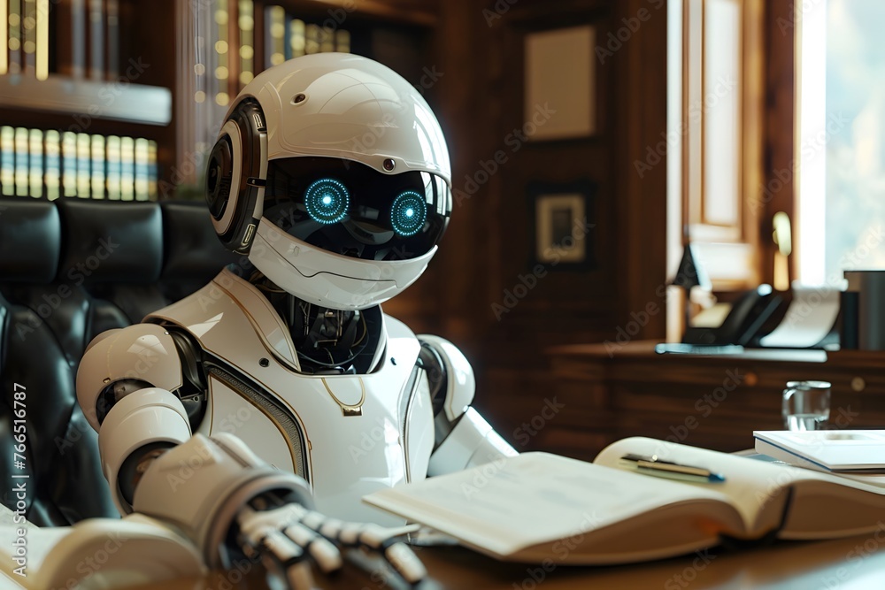 AI robot in professional attire sitting at the desk reading documents ...