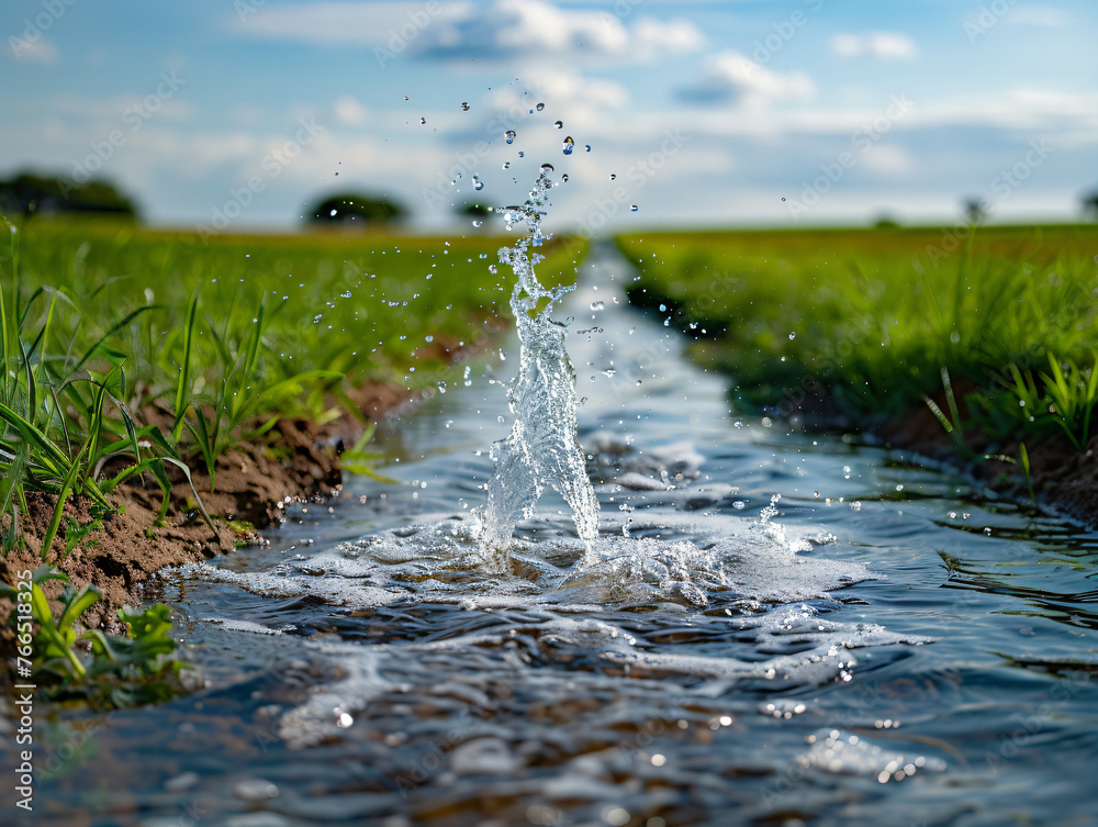 Irrigation water flowing through farm crop rows with mountain backdrop ...