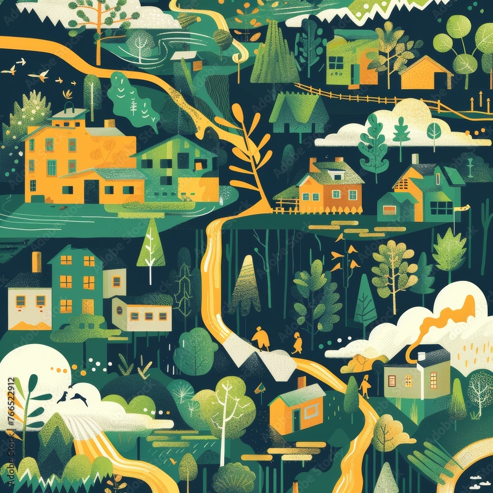 A whimsical and detailed illustration of countryside life, with ...