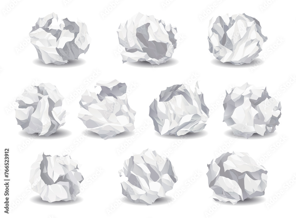 Crumpled paper balls icons. Realistic garbage, bad idea symbols ...