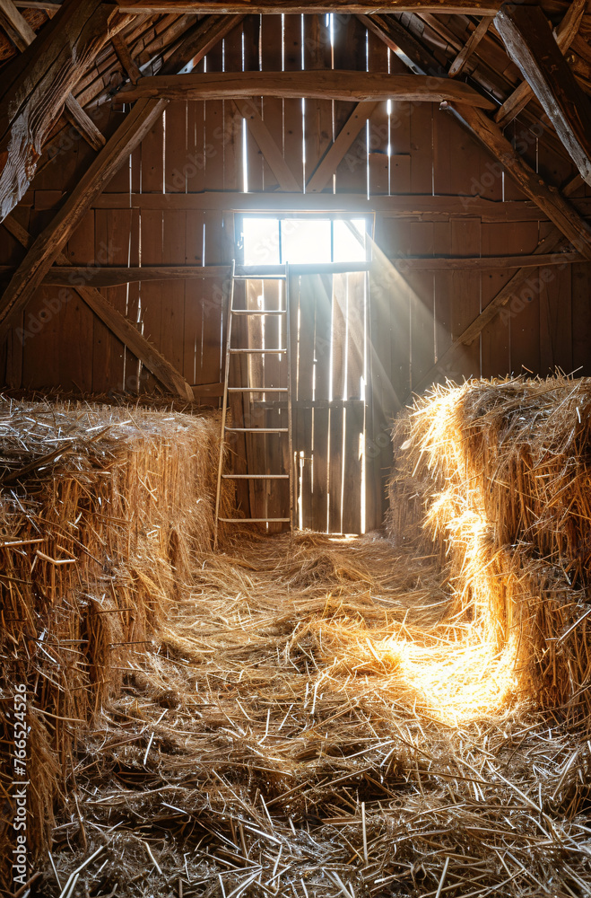 Sunlight streaming through barn window onto hay with ladder. Rustic ...