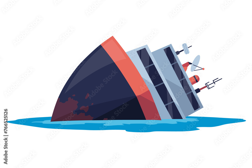 Damaged ship. Crash or accident in sea. Marine catastrophe. Cargo ship ...