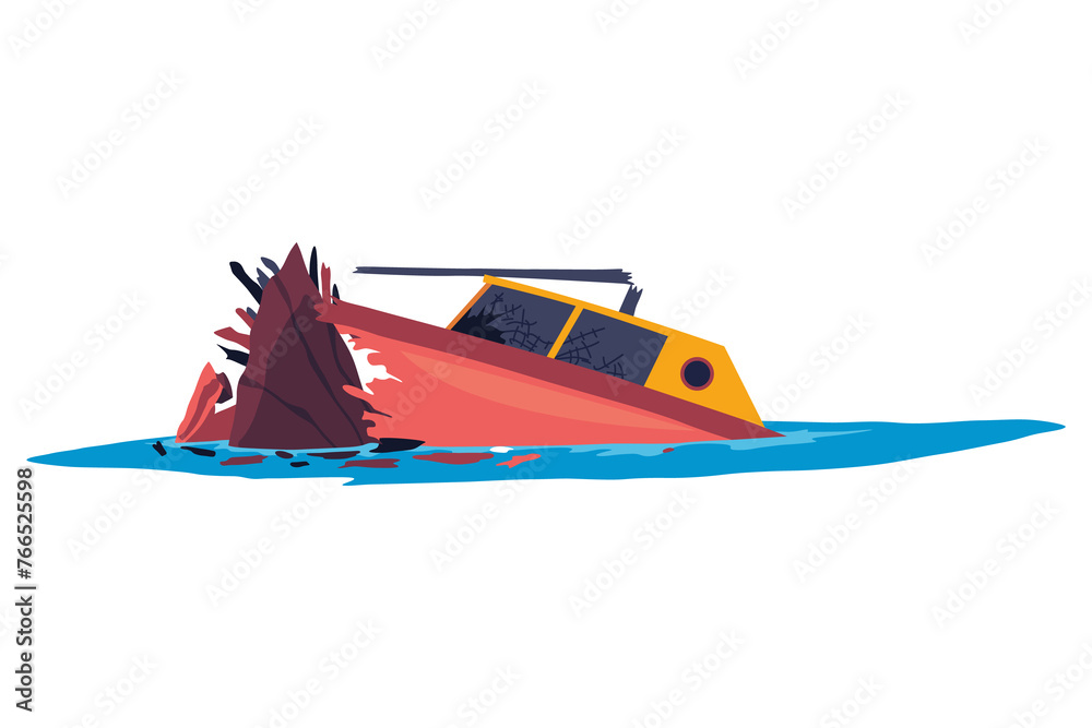 Damaged ship. Crash or accident in sea. Marine catastrophe. Cargo ship ...