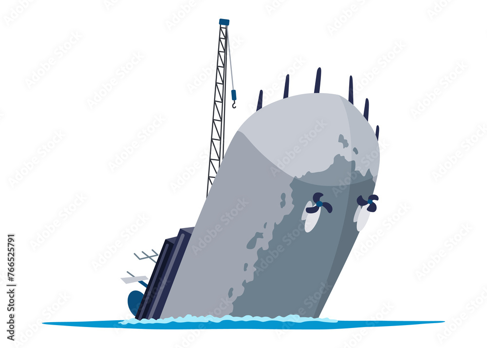 Damaged ship. Crash or accident in sea. Marine catastrophe. Cargo ship ...