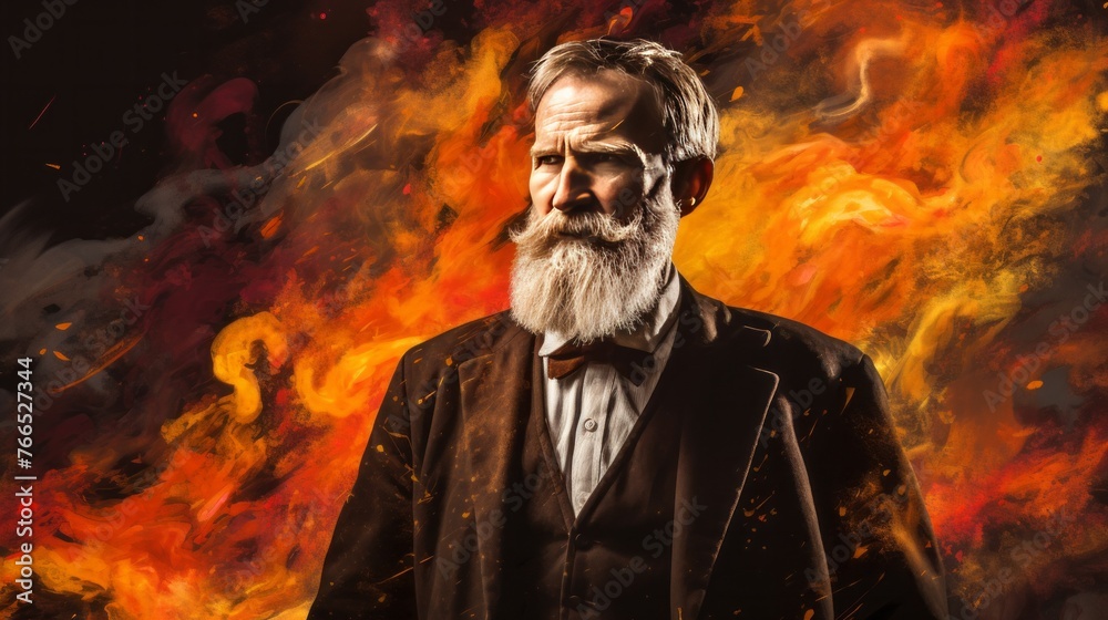 A man with a mustache stands in front of a fire. The fire is orange and ...