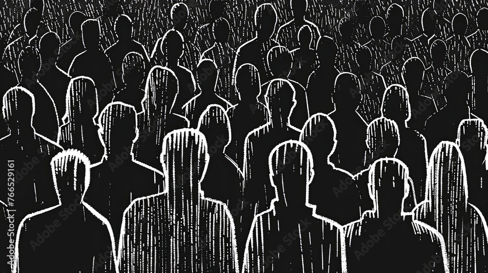 Ilustrace „The black and white drawing depicts a crowd of people and we ...