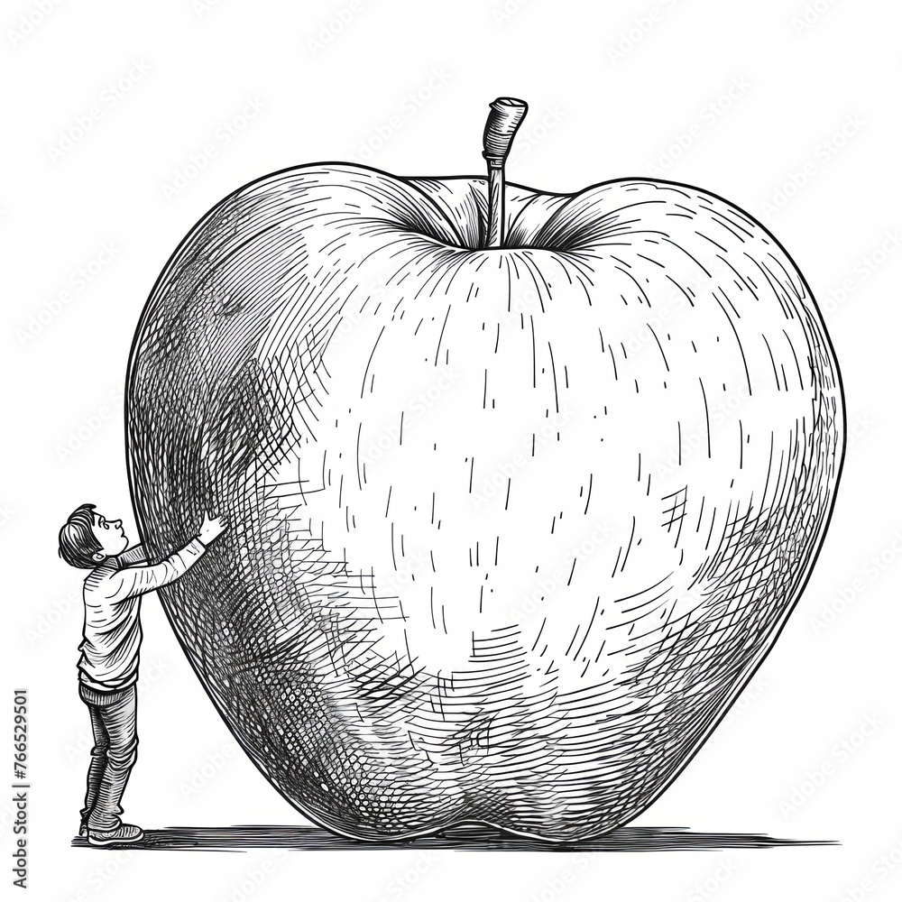 A man touches a huge apple and is surprised by its size. The concept of ...