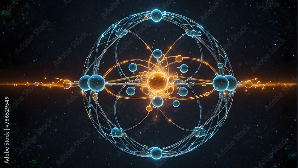 atom in space, dark backdrop, irradiation science, electrons, neutrons ...