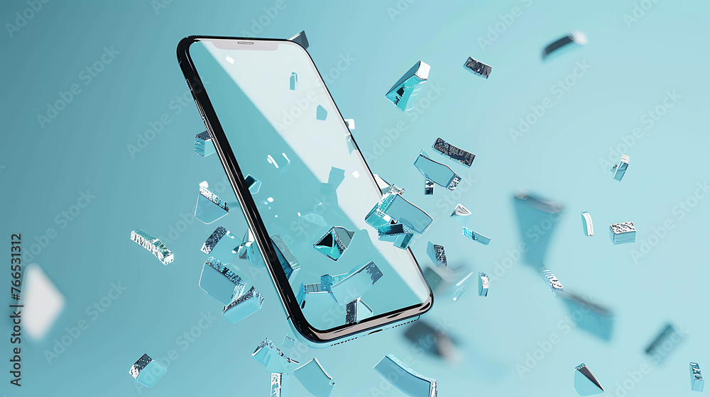 3D rendering of a smartphone with a shattered screen. The shattered ...