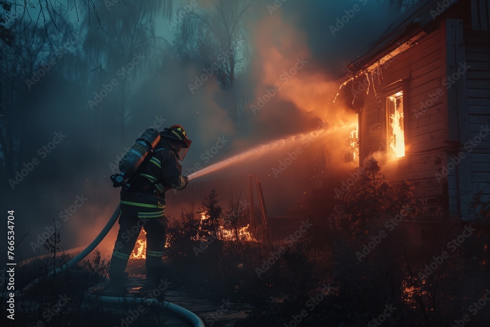 Firefighter extinguishing a fire in a burning house using a water foam ...