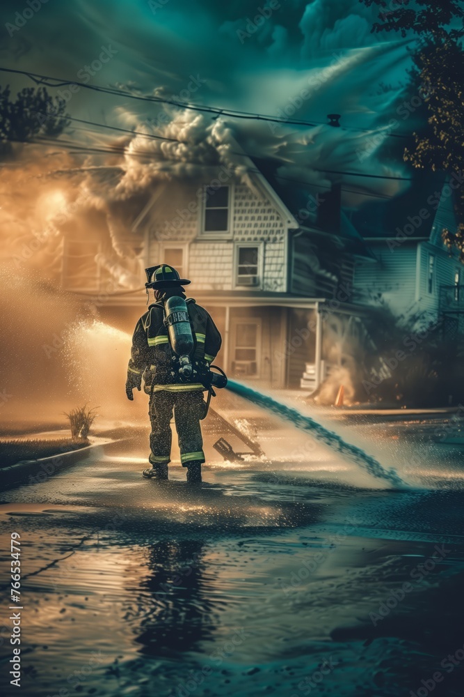 Firefighter extinguishing a fire in a burning house using a water foam ...