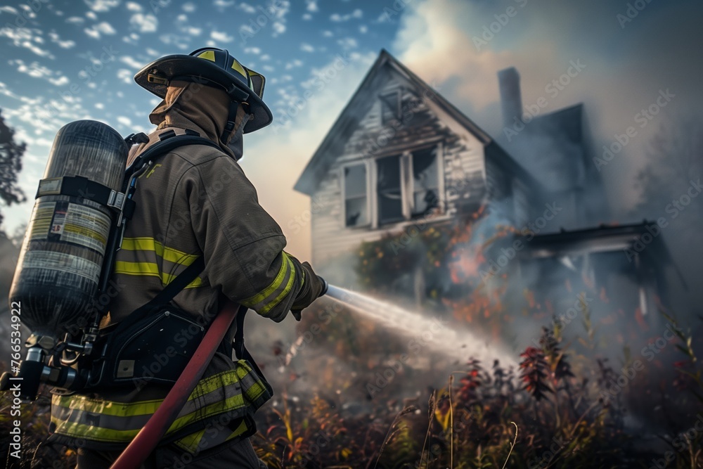 Firefighter extinguishing a fire in a burning house using a water foam ...