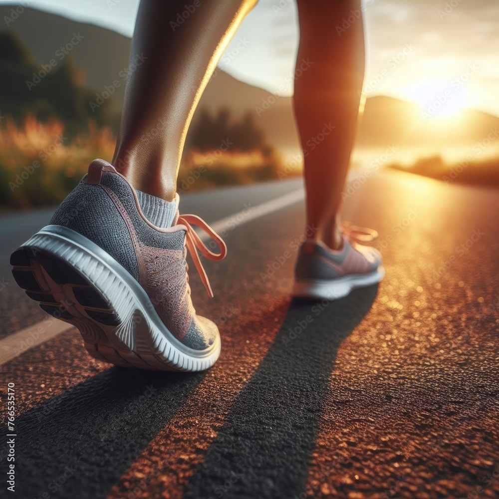The close-up image captures the feet of a runner pounding the pavement ...