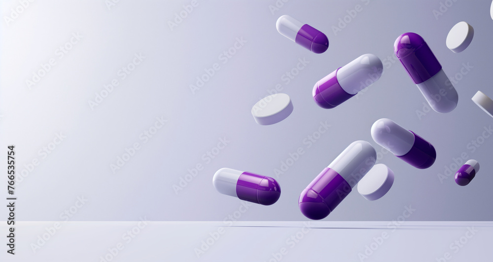 Purple and white pills and tabs fallen on a light background. Dynamic ...