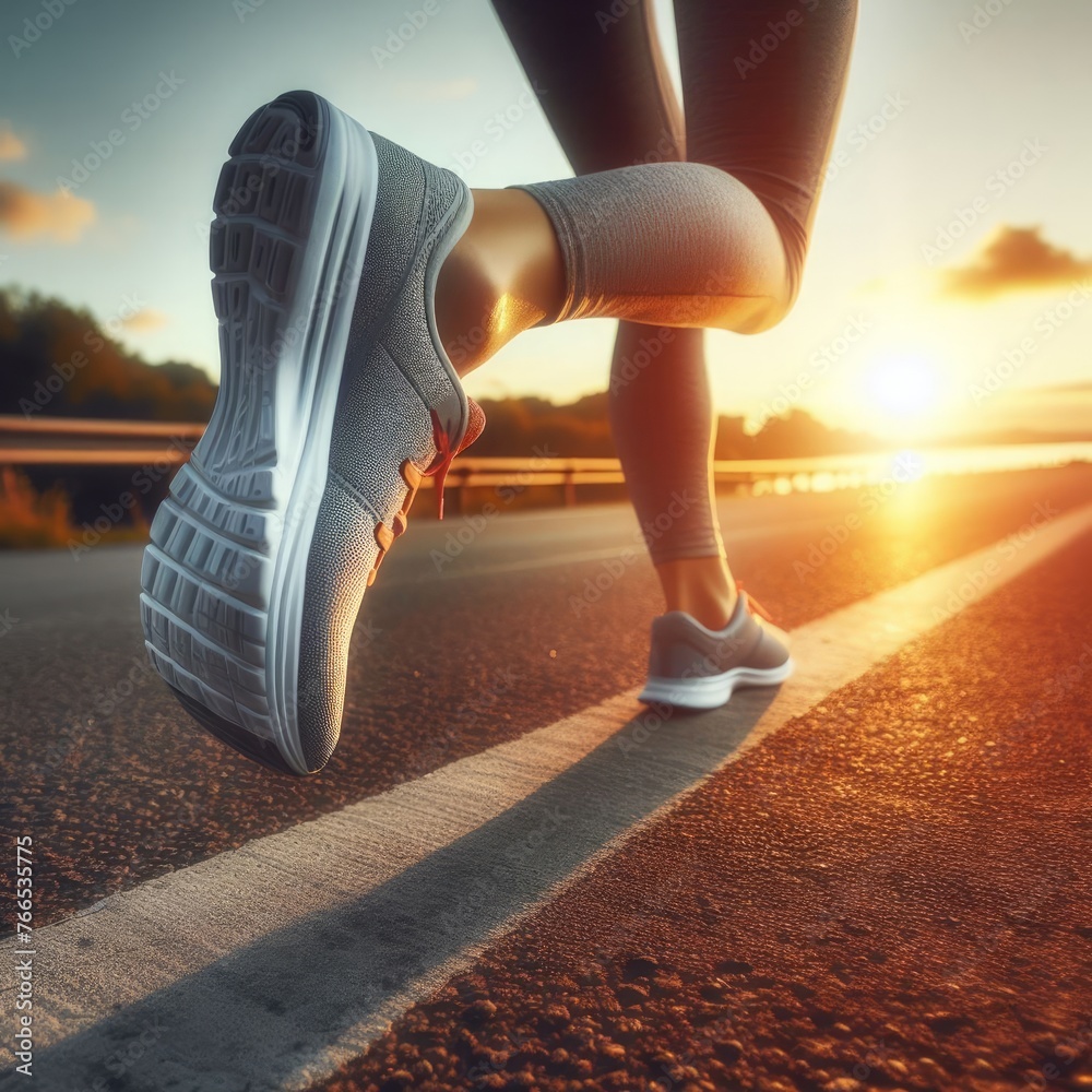 The close-up image captures the feet of a runner pounding the pavement ...