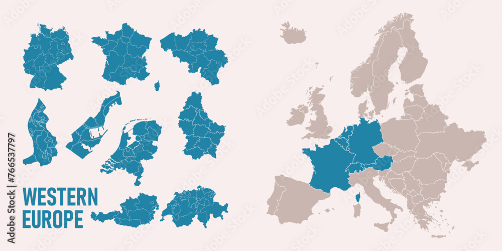 Western Europe map. Germany, Netherland, Belgium, Luxemburg, Austria ...