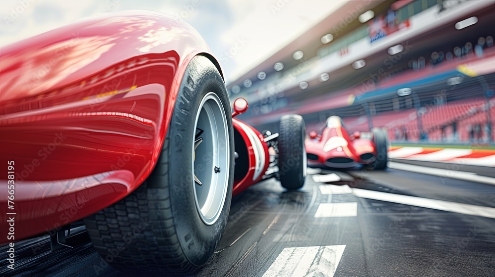 Racing cars in readiness for the start on the race track. A car with a ...