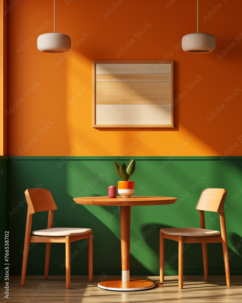 Retro style cafe interior with two wooden chairs a table and a plant on ...