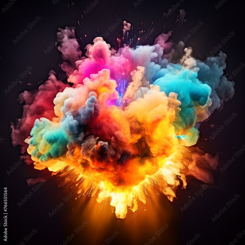 Explosion of vibrant colors in a dynamic cloud of smoke and particles ...