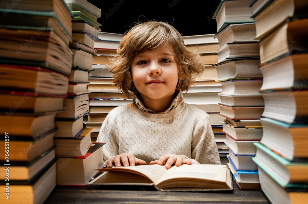 Handsome little child flips through the book pages in library ...