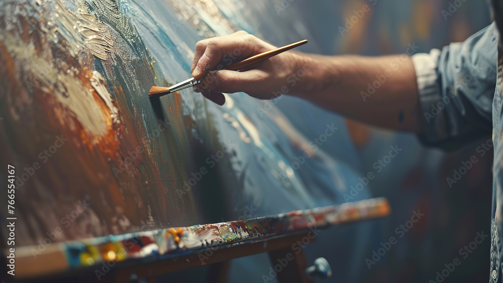 artist at work in workshop, close up of a young artist is painting with ...