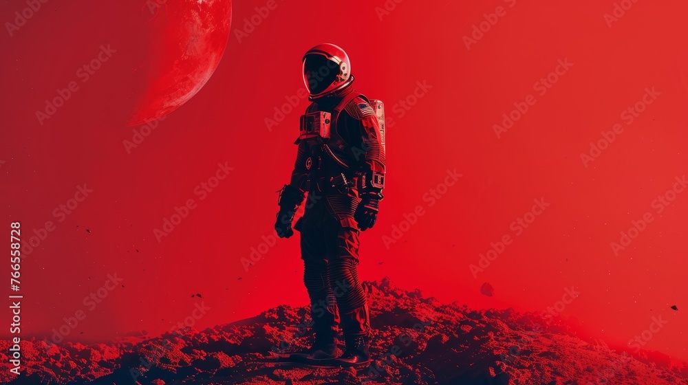 Astronaut standing on Mars-like terrain with large red planet in background. Sci-fi concept art ...