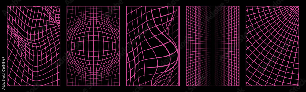 Set of geometry wireframe grid backgrounds. Cyberpunk elements in trendy psychedelic rave style ...