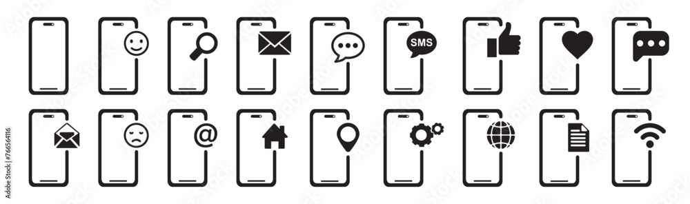 smartphone icon set with reaction, message sign, like. Chat bubble icon ...