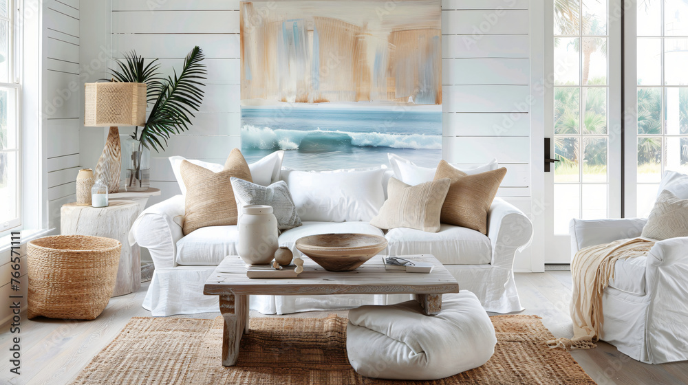 modern coastal living room with white colors interior room furniture table sofa chair home design house living window hotel luxury floor decoration lounge decor indoor Stock Adobe Stock
