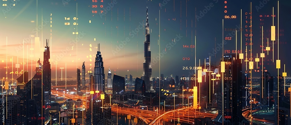 UAE. Dubai economy, Illuminated data or candlestick stock market charts ...
