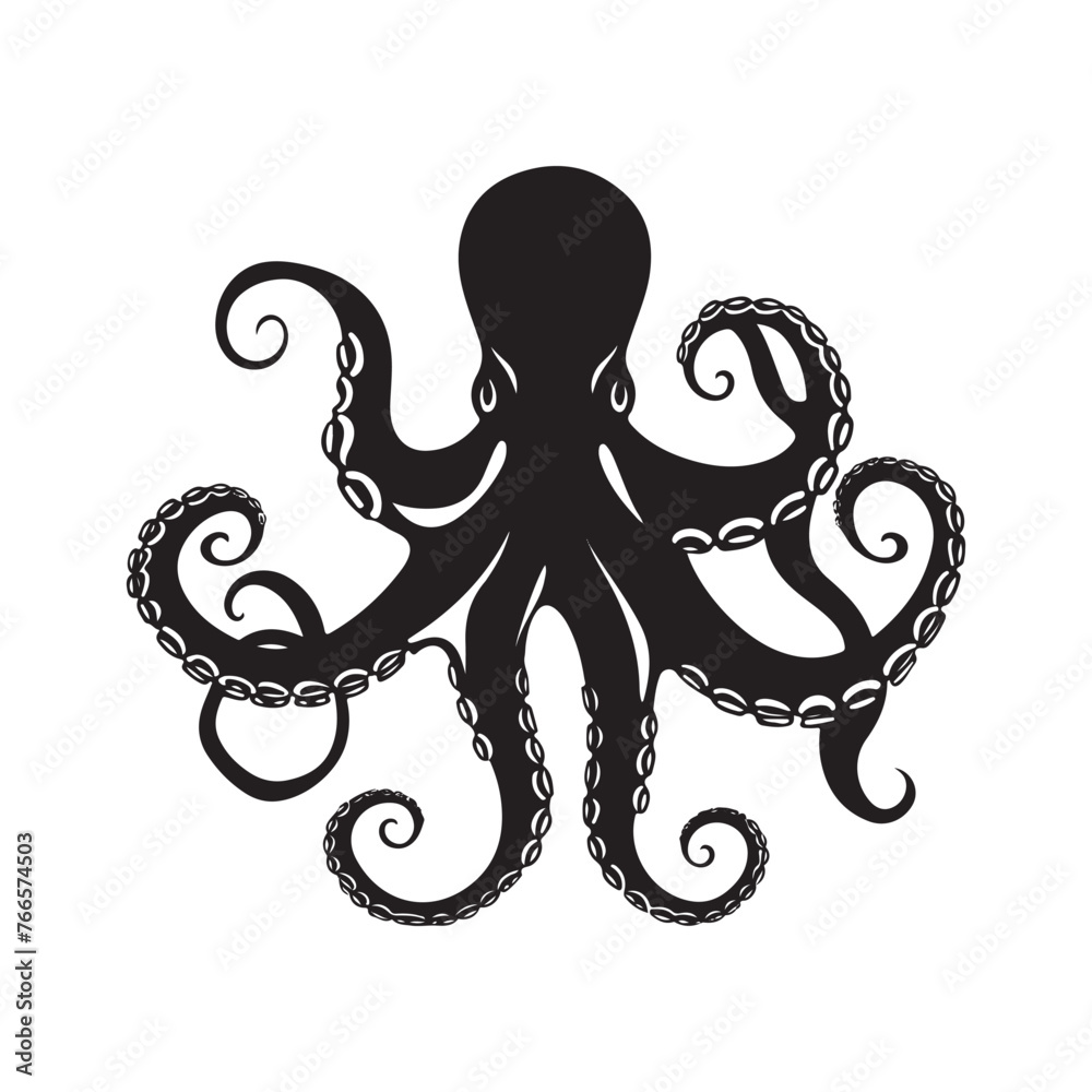 black silhouette of a Octopus with thick outline side view isolated ...