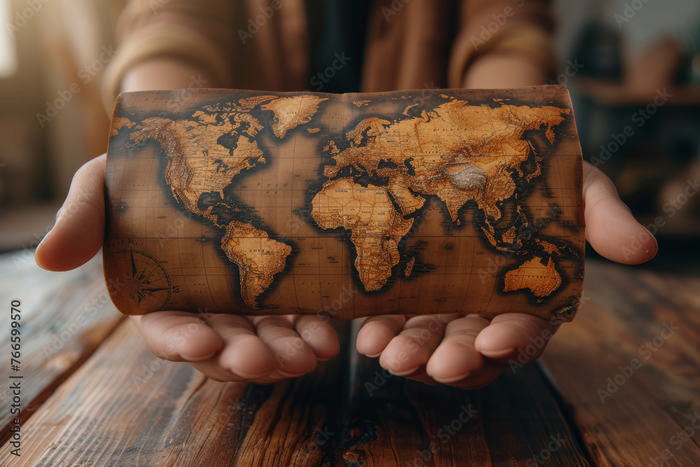 Hands of different skin tones holding a world map, conveying the ...