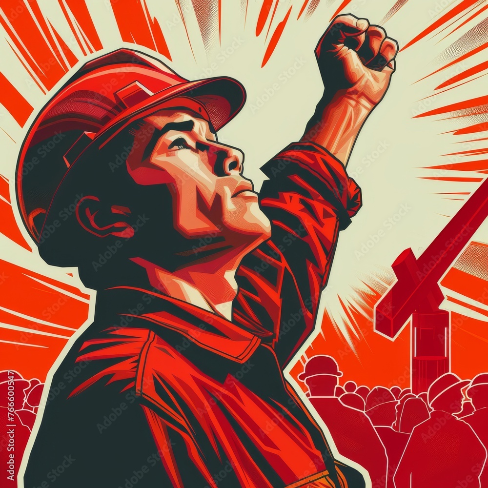 A dynamic illustration depicting a figure in red, fist raised ...