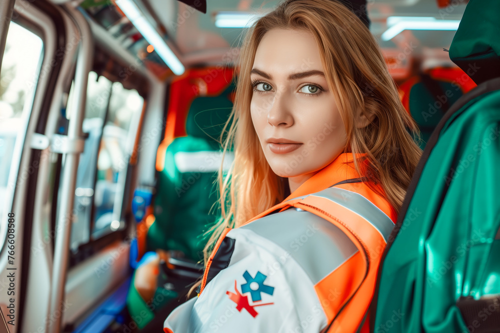 Emergency concept. Female EMS Professional paramedic in Ambulance ...