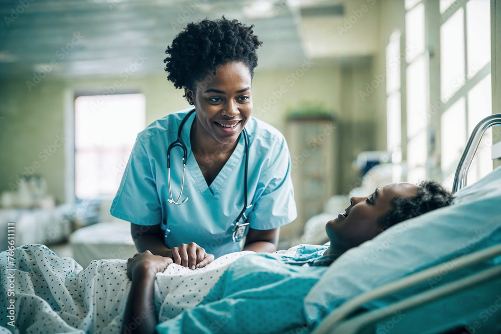 African American nurse providing care and comfort to an elderly patient ...
