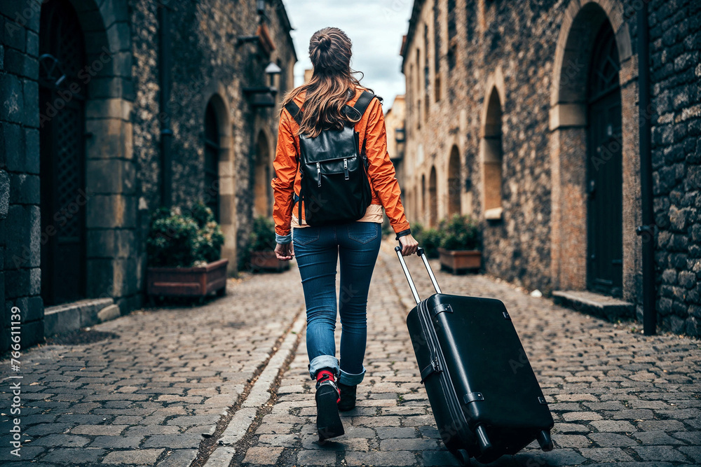 Back view of a young woman traveling alone, pulling a suitcase along a ...