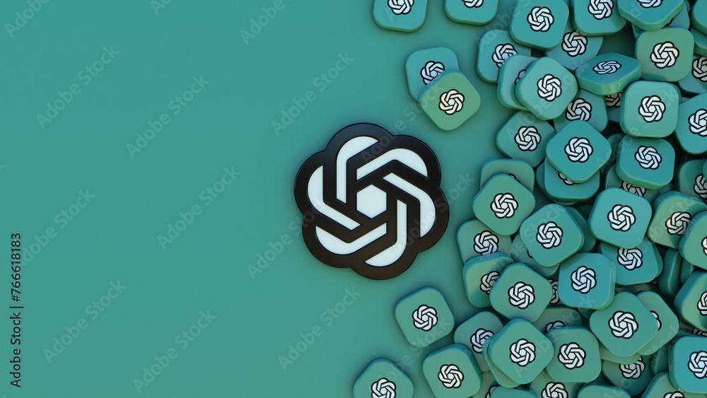 3D render of the Chat GPT logo surrounded by a lot of square badges ...