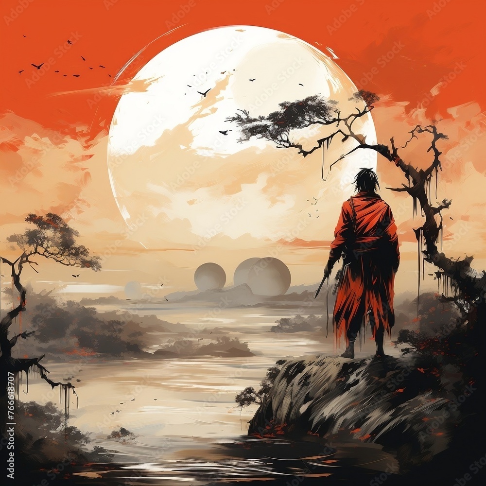 Japanese style ink sumi painting of ninja standing on cliff edge and ...