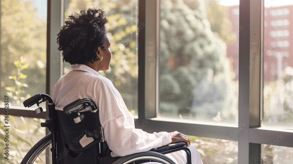 Disabled african american black woman in wheelchair at home feeling ...