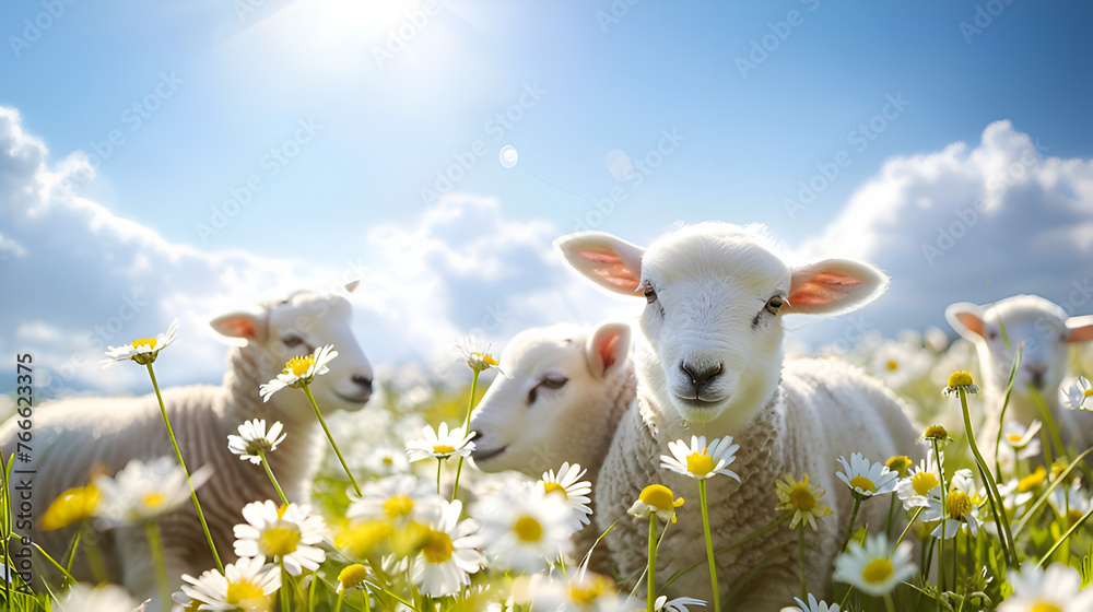 sheep and lambs in a daisy flower field, parable of the lost sheep in ...